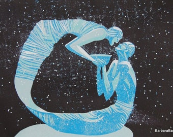 Mermaid linocut | Etsy