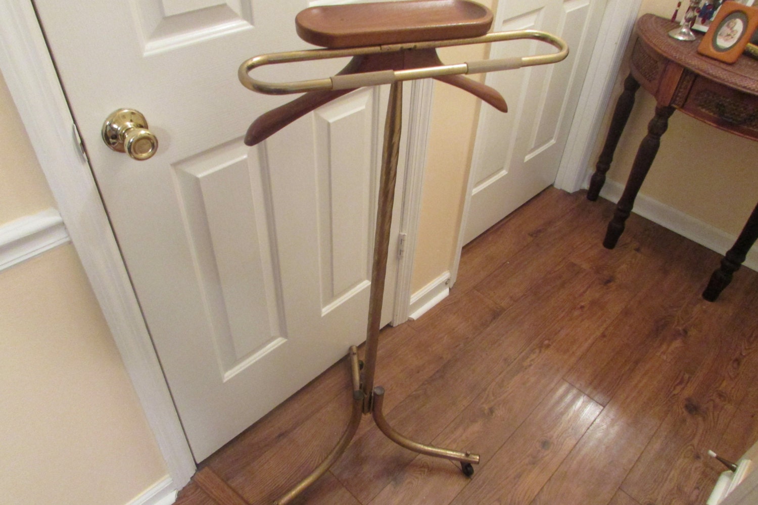 Vintage Brass Wooden Valet Stand Butler Clothes Hanger