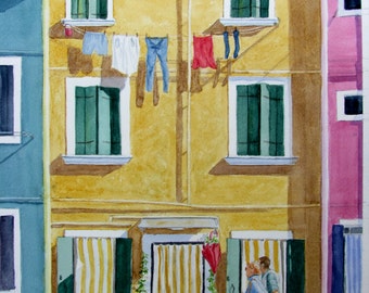 Items similar to Colorful clothesline painting, original watercolor art ...