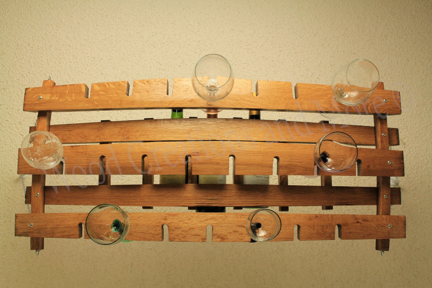 Hanging Wine Glass And Bottle Rack Made From Oak Barrel Stave