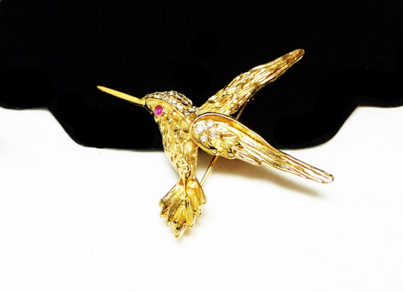 Gold Plated Hummingbird Brooch 14K GF Bird Pin with