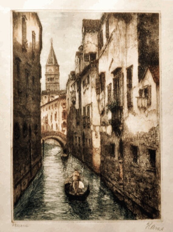 Vintage Color Etching of Canal in Venice Havas Vintage