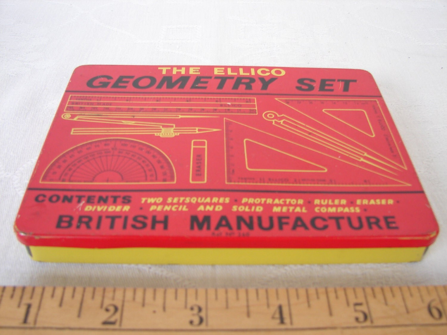 vintage,empty geometry set tin-British Manufacture-hinged lid-shabby ...