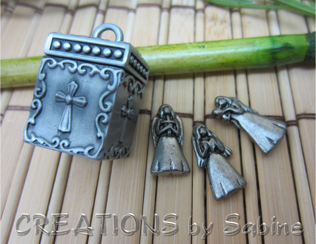 FREE SHIPPING Prayer Box Charm Pendant with 3 tiny Angel Figurines ...