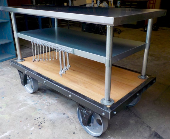 Custom Build Oak Iron and Stainless Steel Tool Cart