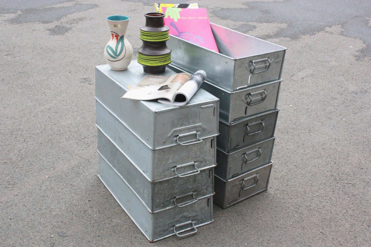 3 large boxes industrial design, vintage metal crates, stacking bins ...