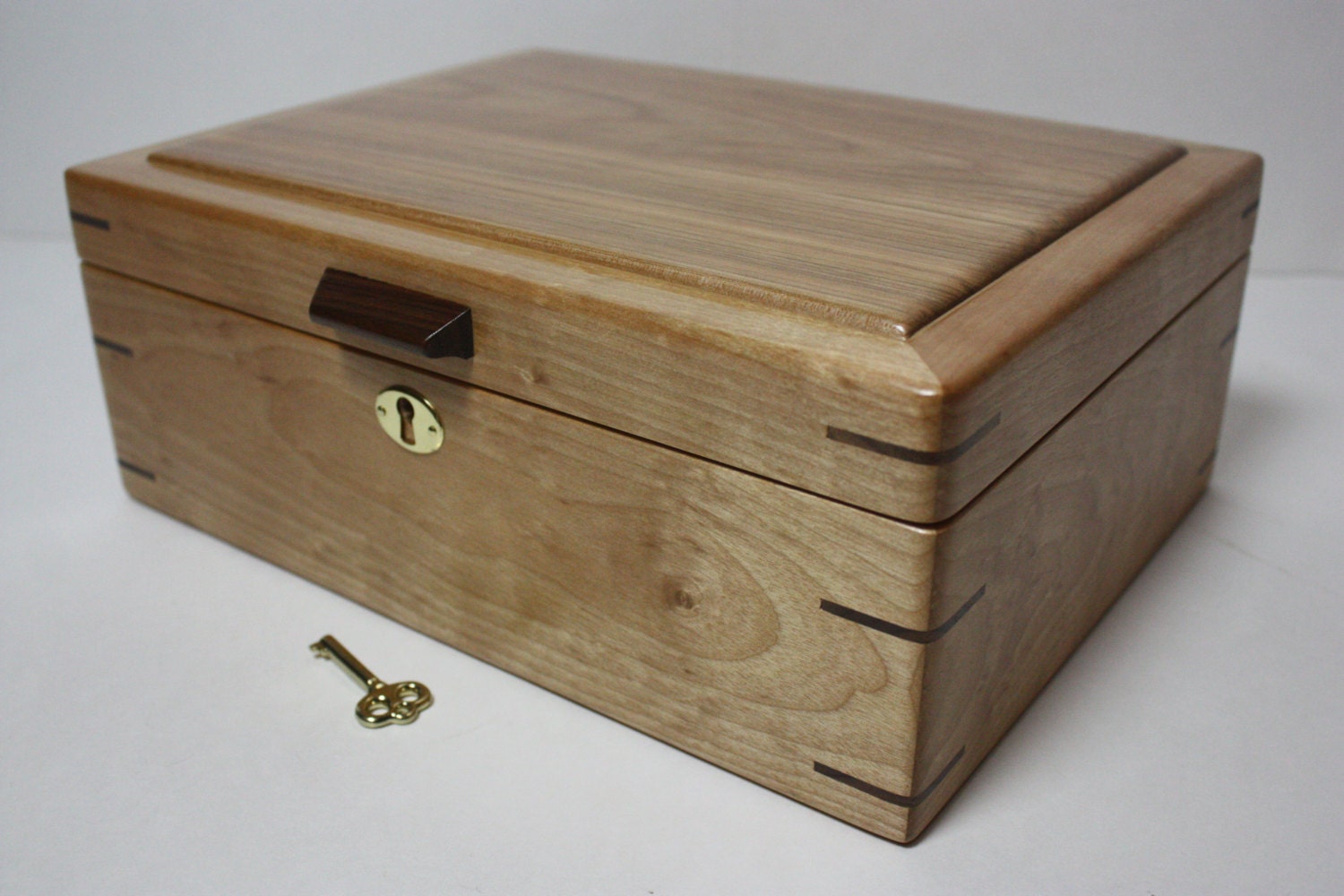 Red Birch Handmade Locking Wood Box with Handmade Walnut