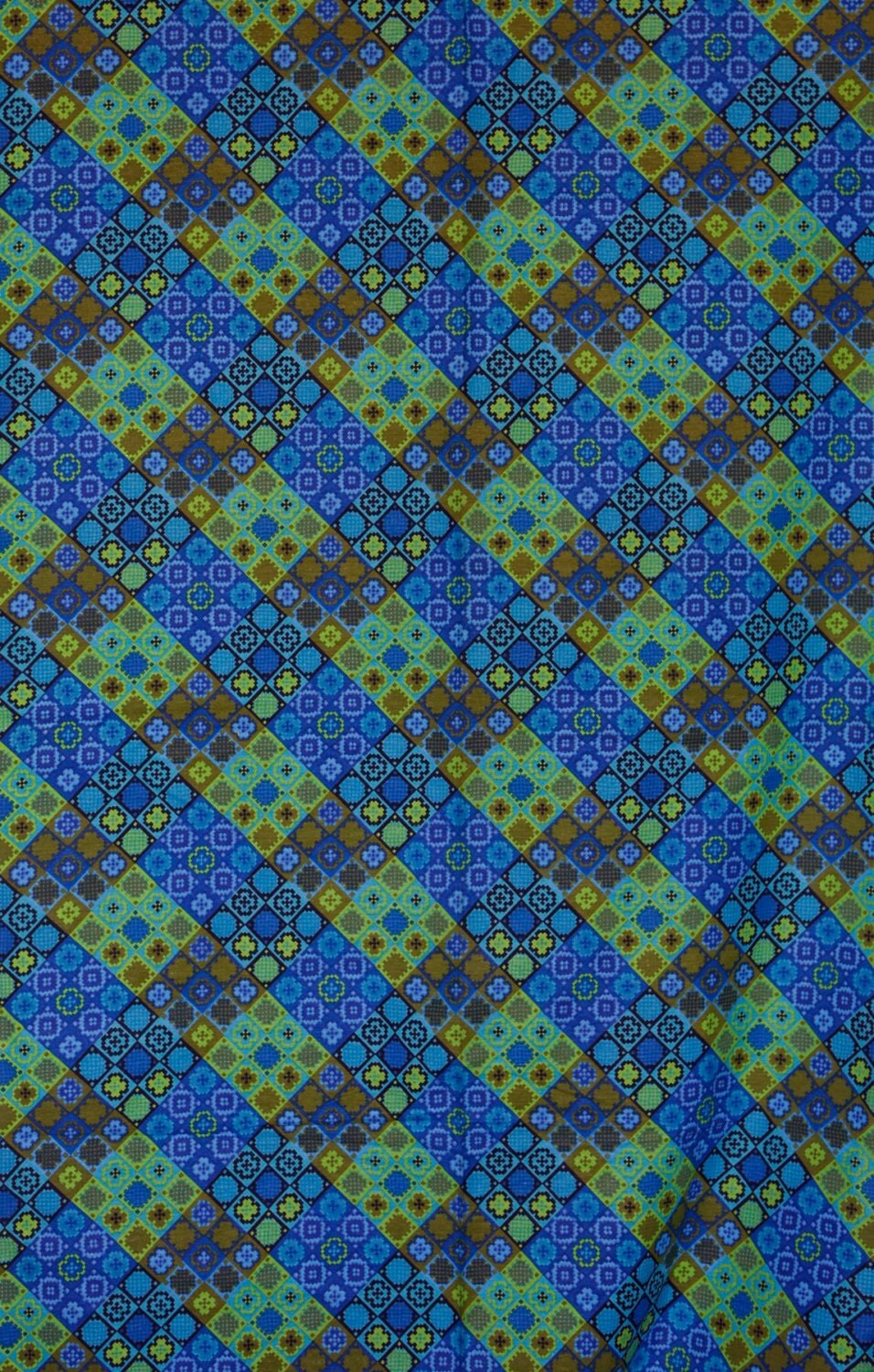 Royal blue lime green and brown funky 60's patterned