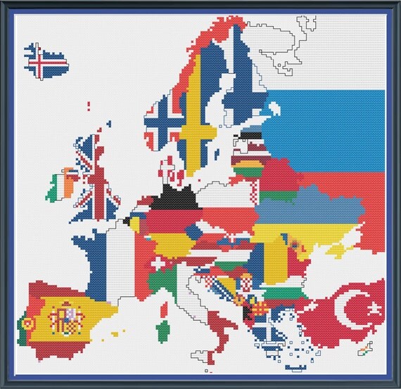 Europe in Flags Map Cross Stitch Pattern