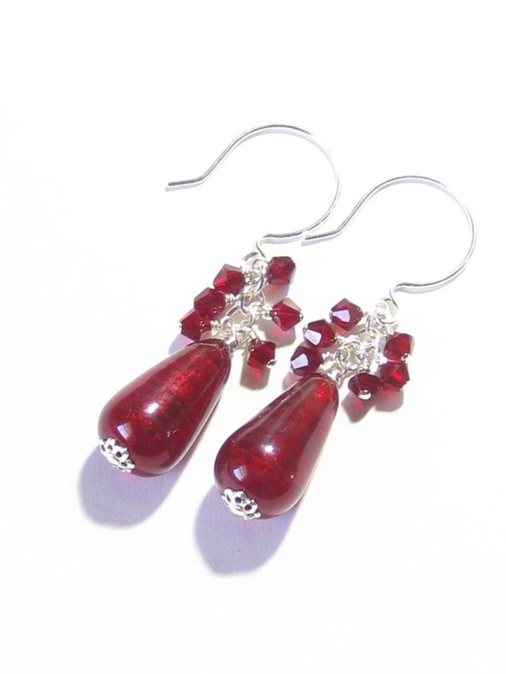 Items similar to Red Cluster Earrings, Murano Glass Earrings, Red ...