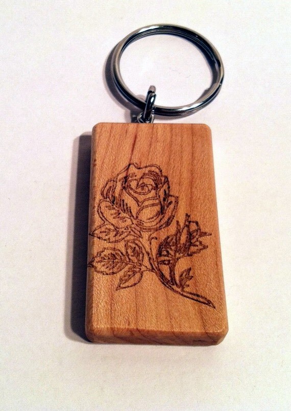 Rose Laser Engraved on Maple Wood Key Chain Key Fob