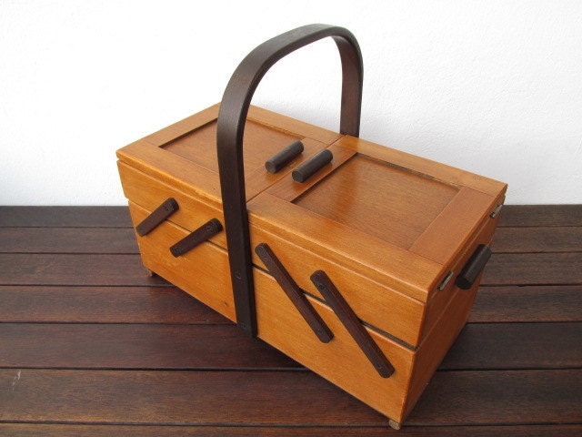 German Vintage sewing box, knitting basket, 60s 70s, wooden, mid ...