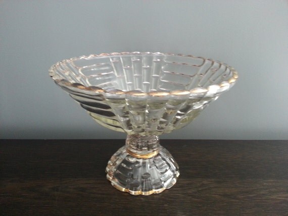 Vintage Clear Glass Pedestal Compote Bowl Dish Gold Trim Vintage Clear Glass Pedestal Compote Bowl Dish Gold Trim