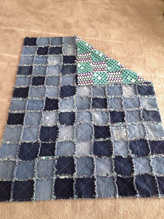 Items similar to Recycled Jean Rag Quilt Flannel backing Teen bed ...