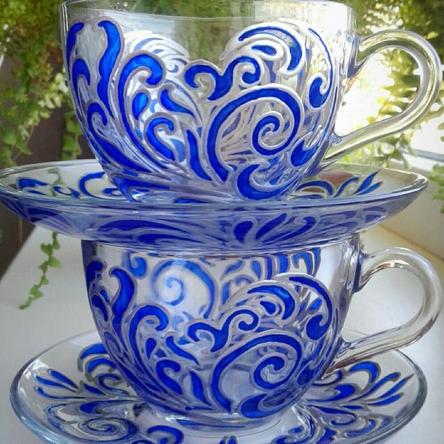 Painted mug Tea cup set Wine glasses wedding by StainedGlassware