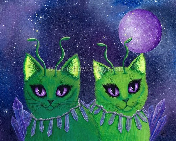 Alien Cats Art Green Alien Cat Space Cats Purple Crystals Big
