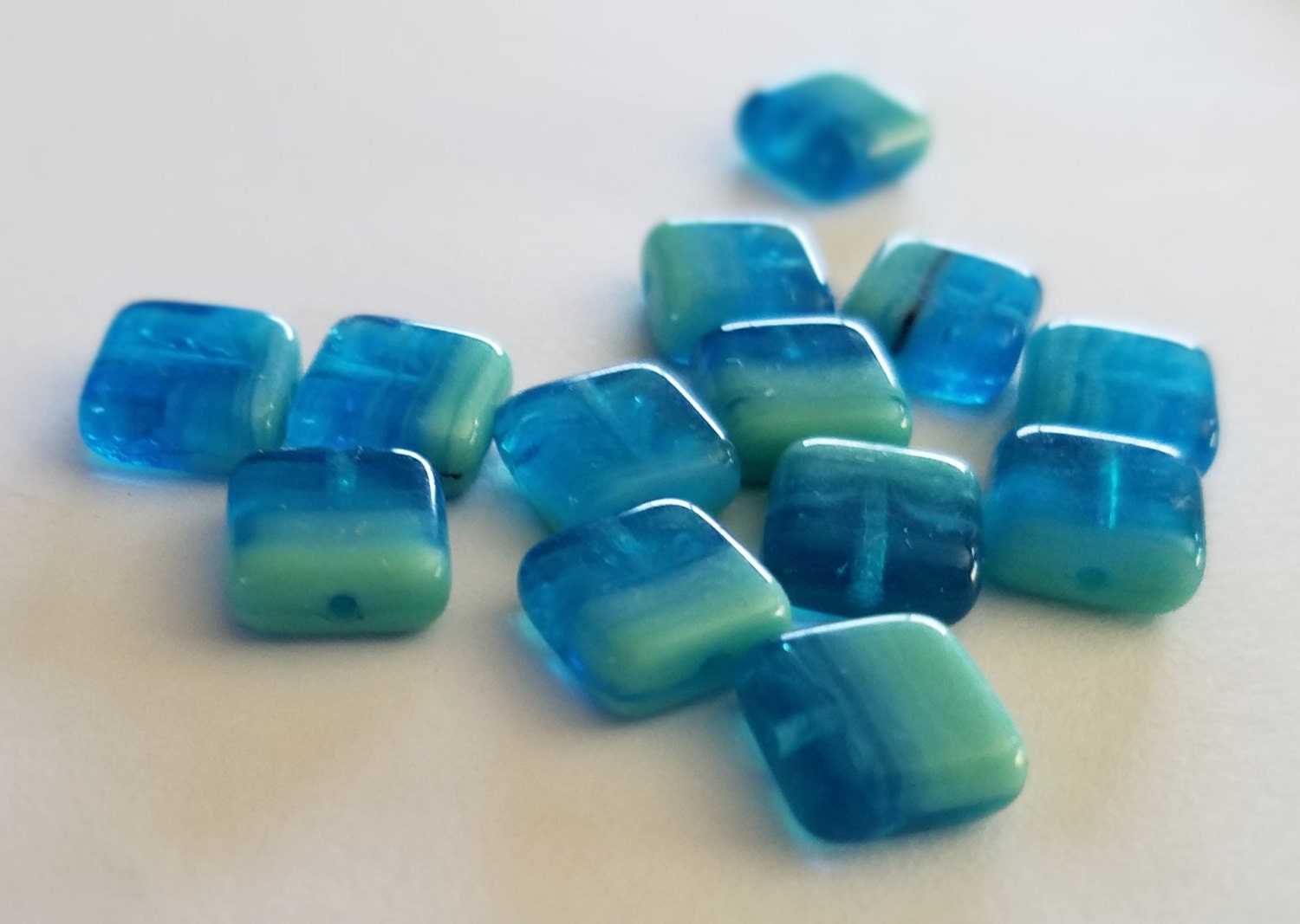 Striated Blue Square Glass Beads set of 13