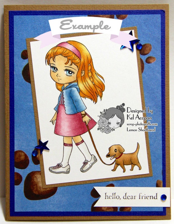 Digital Stamp Girl Walking Dog Puppy Digi by lemonshortbread