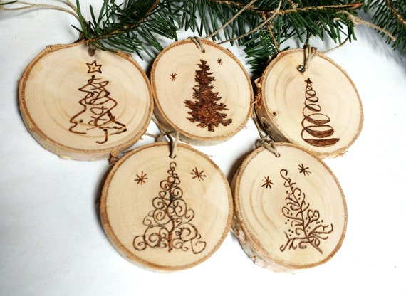 Five Wood Burned Christmas Tree OrnamentsTree Slice