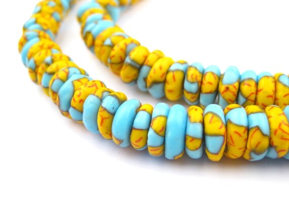 120 Blue & Yellow Fused Disk Recycled Glass Beads Rondelle
