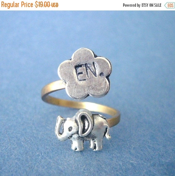 personalized elephant ring with a flower, adjustable ring, animal ring ...