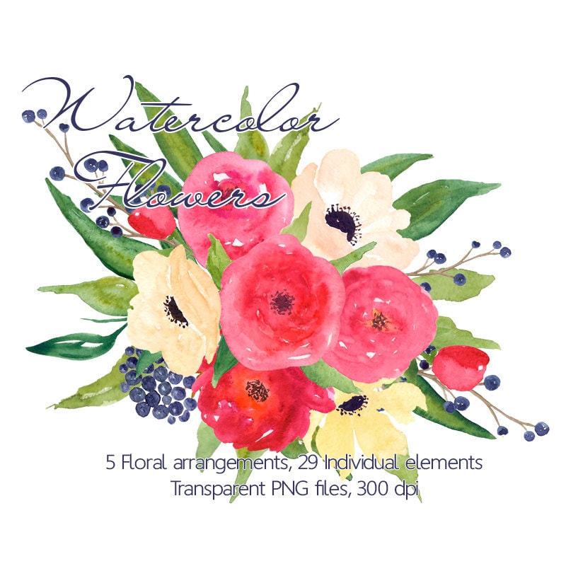 Watercolor Flowers ClipArt Hand Painted Flowers Watercolor