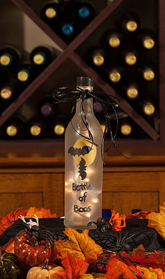Lighted Halloween Wine Bottle Hand Painted Bottle of Boos
