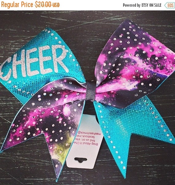 SALE Galaxy and teal cheer bow with rhinestones by BRAGABITBOWS