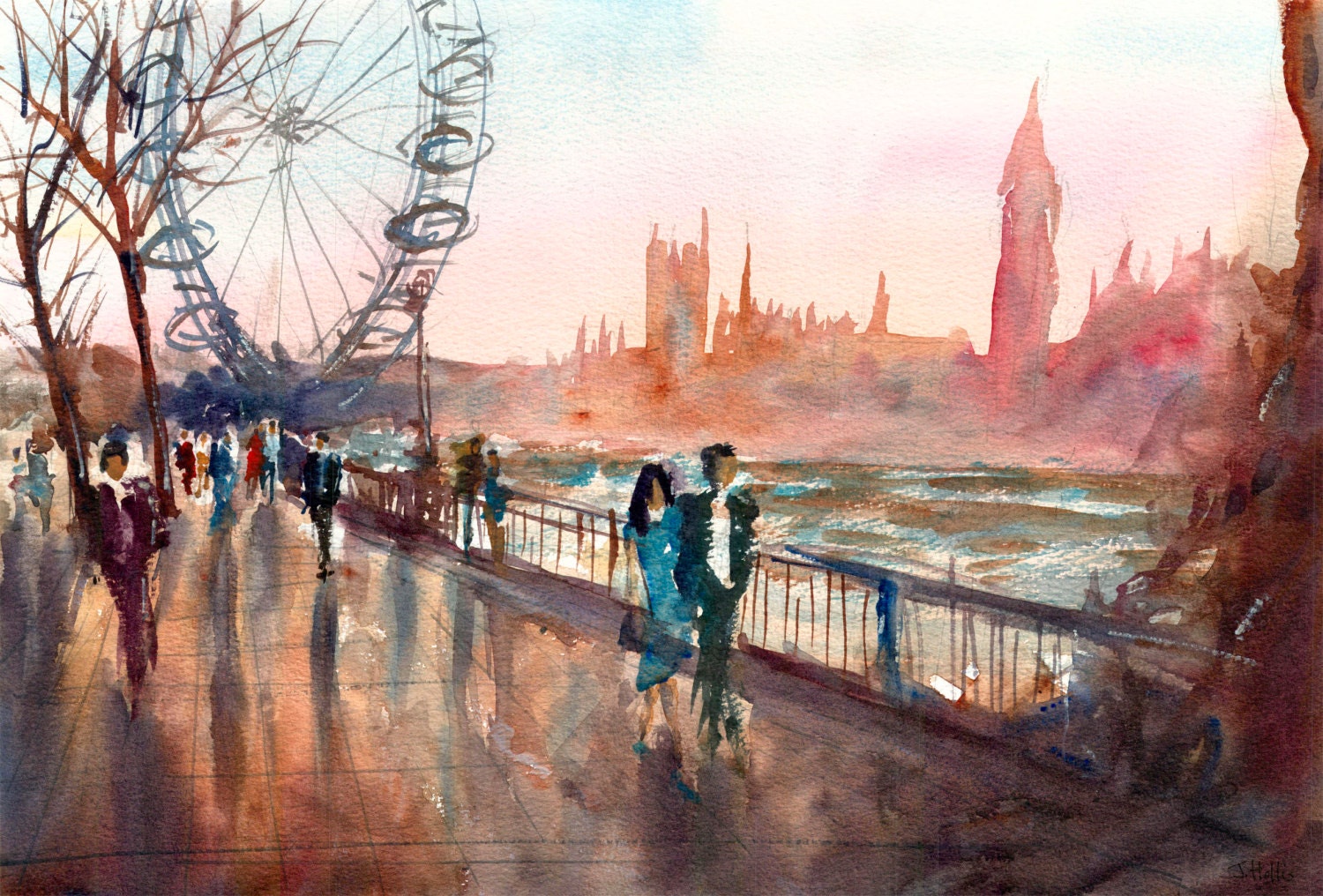 London Cityscape Landscape Signed Print from a Watercolour