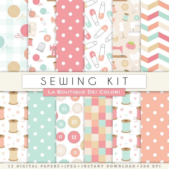 Sewing digital paper. Cute digital paper pack of art and crafts, yarn ...
