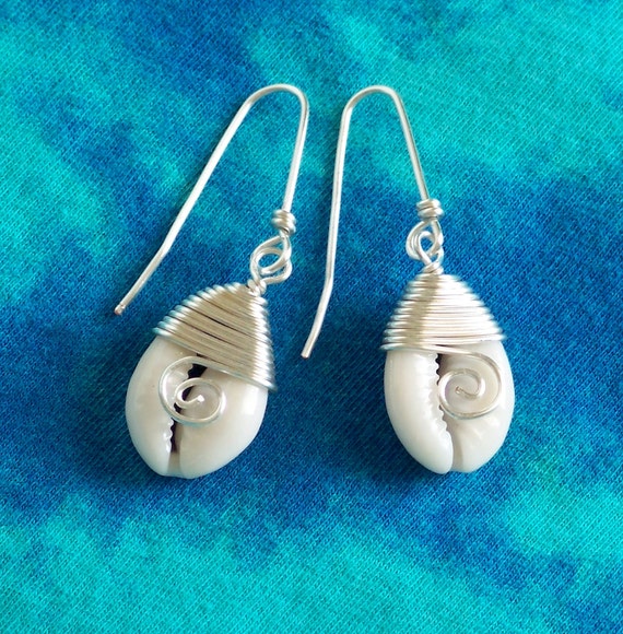 Wire Wrapped Cowrie Shell Earrings Beach Cowrie Shell
