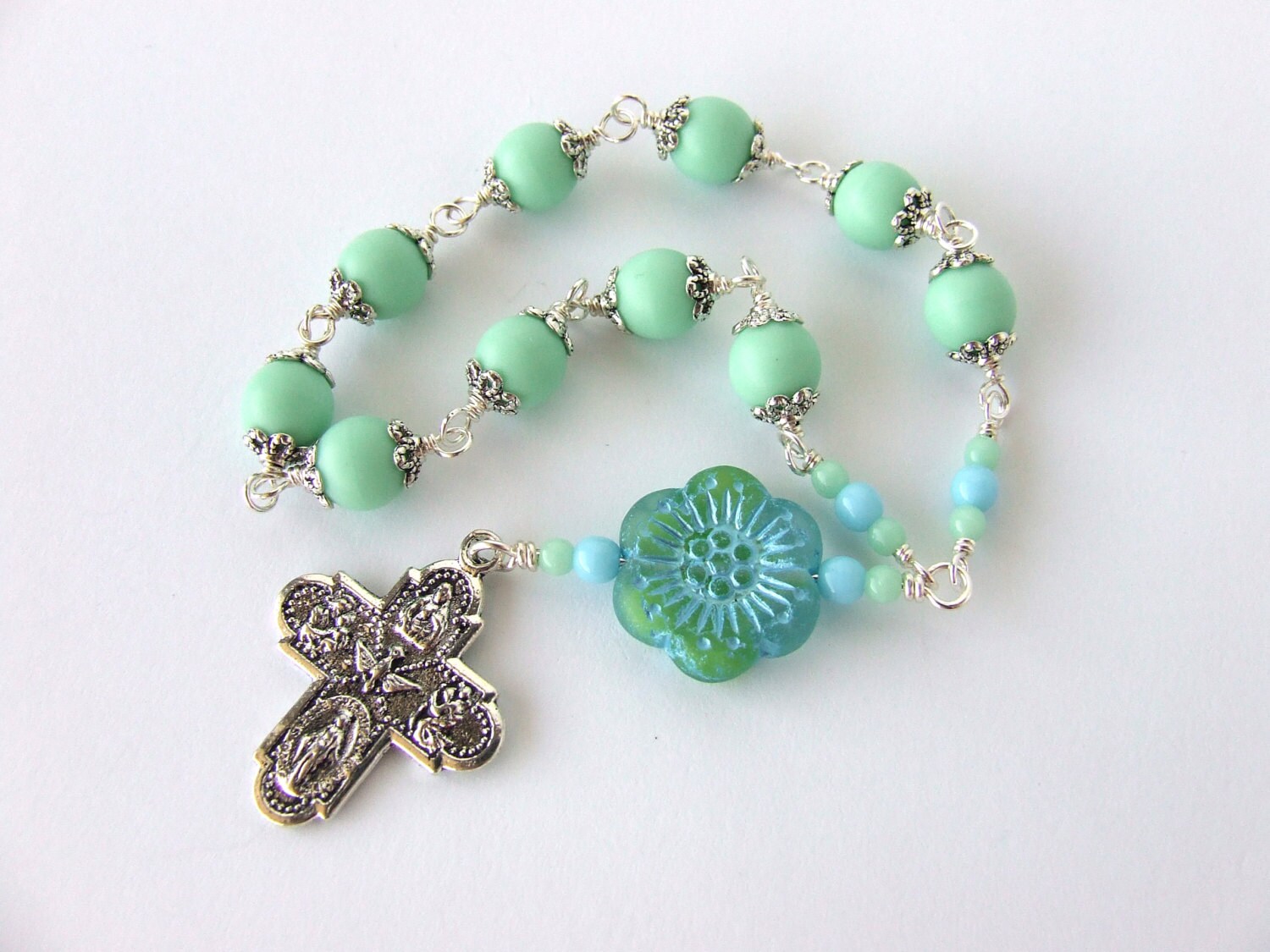 Mini Rosary Beads One Decade Handmade Wire Wrapped Mint