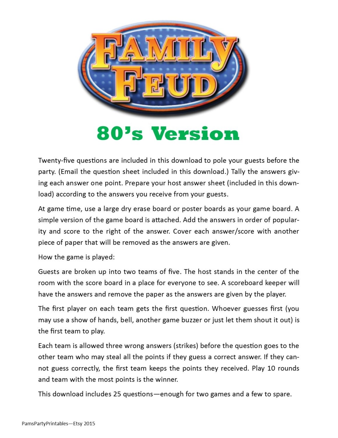 Family Feud Printable Game