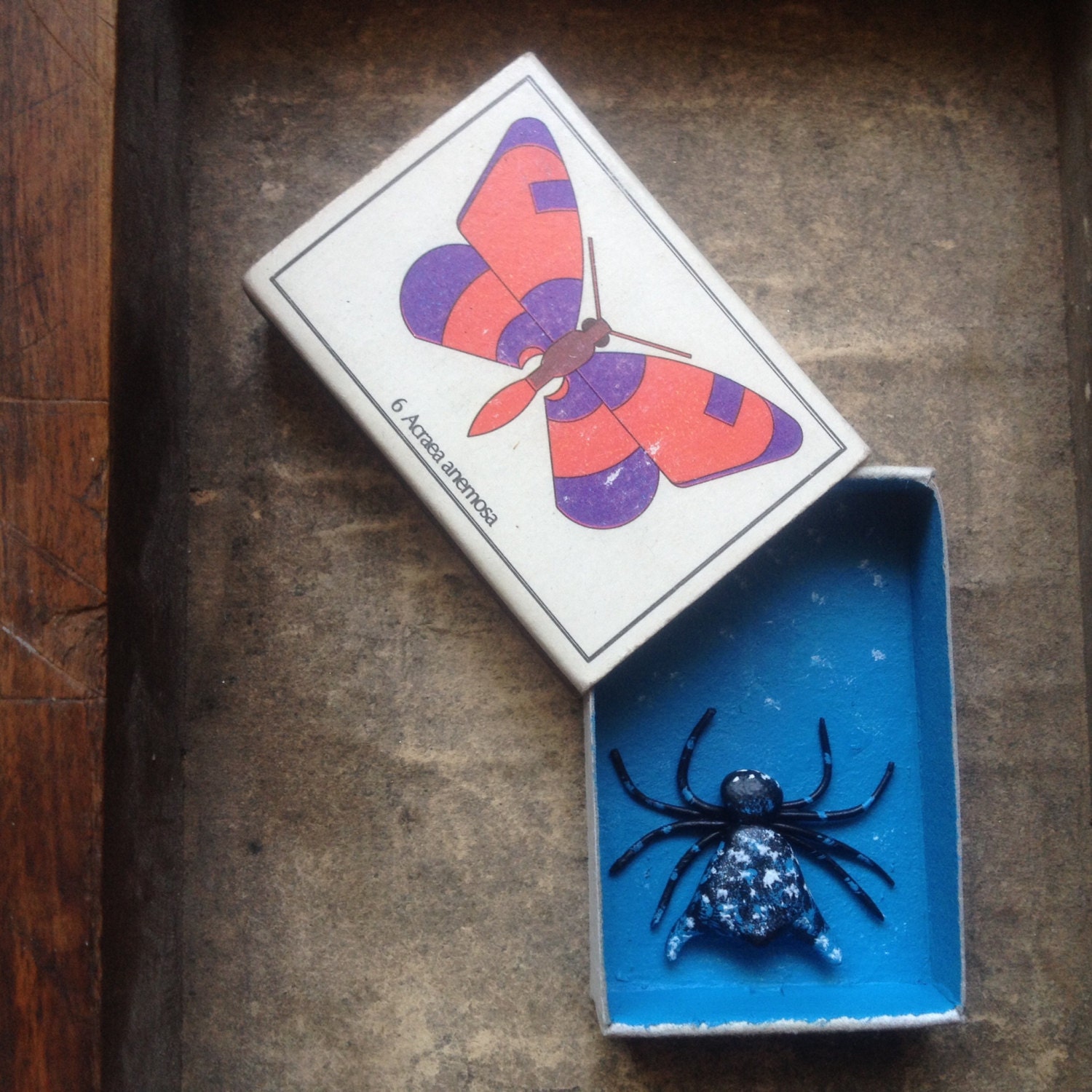 Black and blue spider matchbox art polymer clay by GildedCreatures