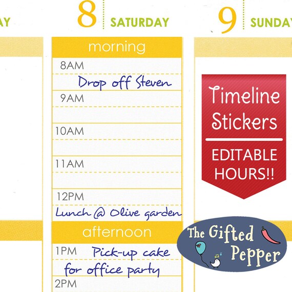 Editable Daily Timeline Schedule sticker Printable. Hourly