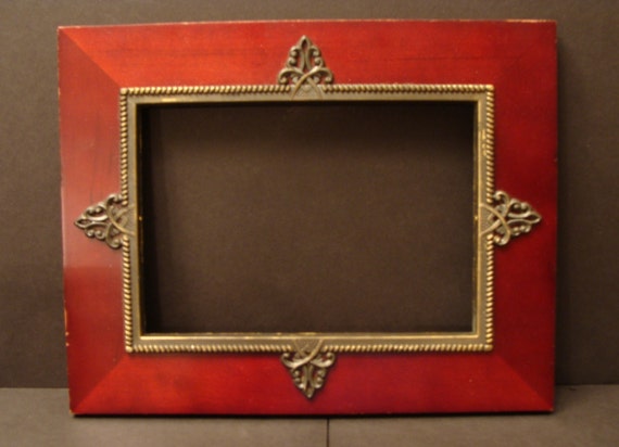 Vintage Cherry wood picture frame with antique brass scroll