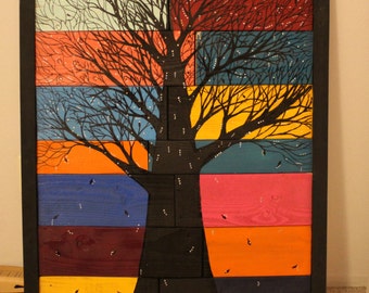 Items similar to Wood art, tree painting on wood, wall hanging on Etsy