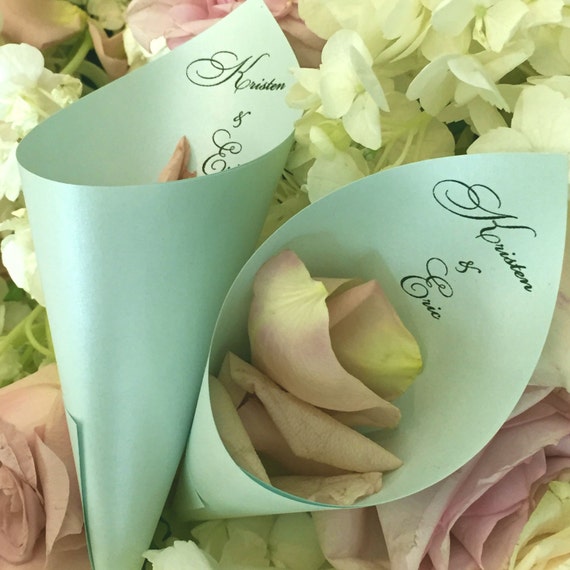 Personalized Wedding Petal Favor Cones Shown in Aquamarine
