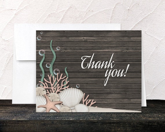Rustic Beach Thank You Cards Seashells over Dark Wood