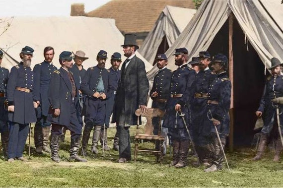 President Abraham Lincoln visiting soldiers on the battlefield