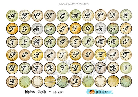 ALPHA CLOCK 1 inch circle digital collage sheet for by byJLeeloo