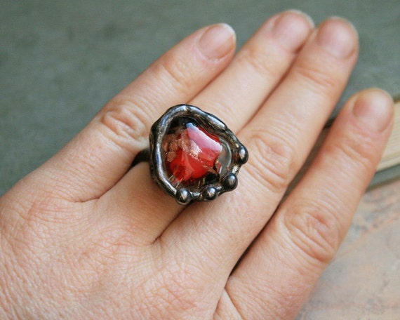 red heart red glass ring raw ring organic ring shiny