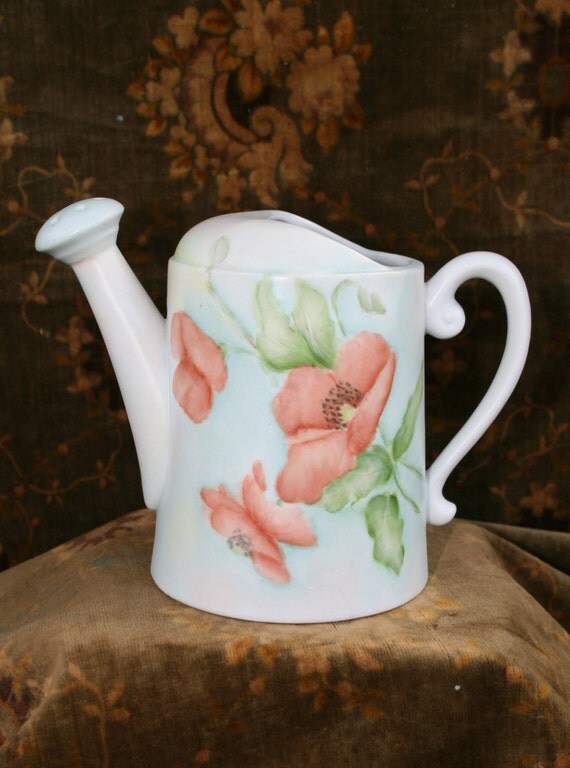 Vintage hand painted watering pitcher ceramic watering can