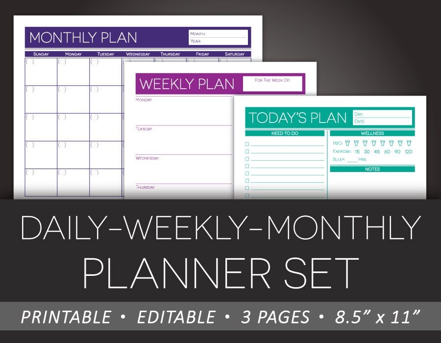 Printable Daily Weekly Monthly Planner Set Editable To Do