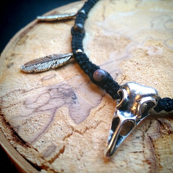 Crow Skull Black Hemp Macrame Choker/Necklace with Real Jasper
