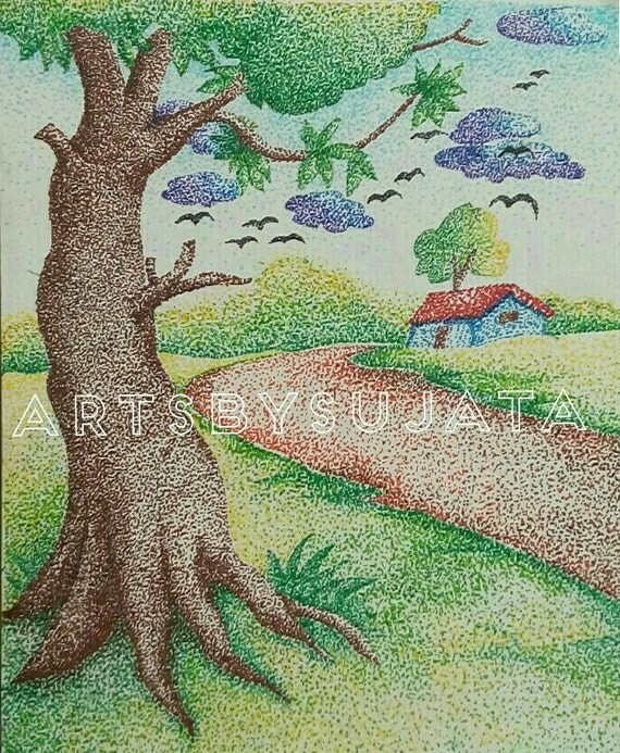 Items similar to Pointillism Landscape,colorful painting,PRINT,wall Art ...