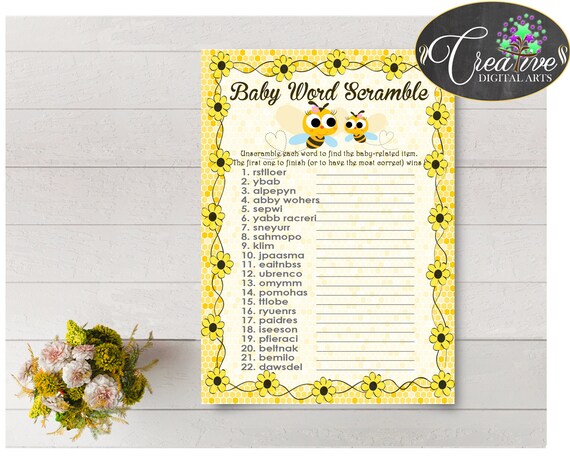 WORD SCRAMBLE baby shower game printable with yellow bee bumble ...