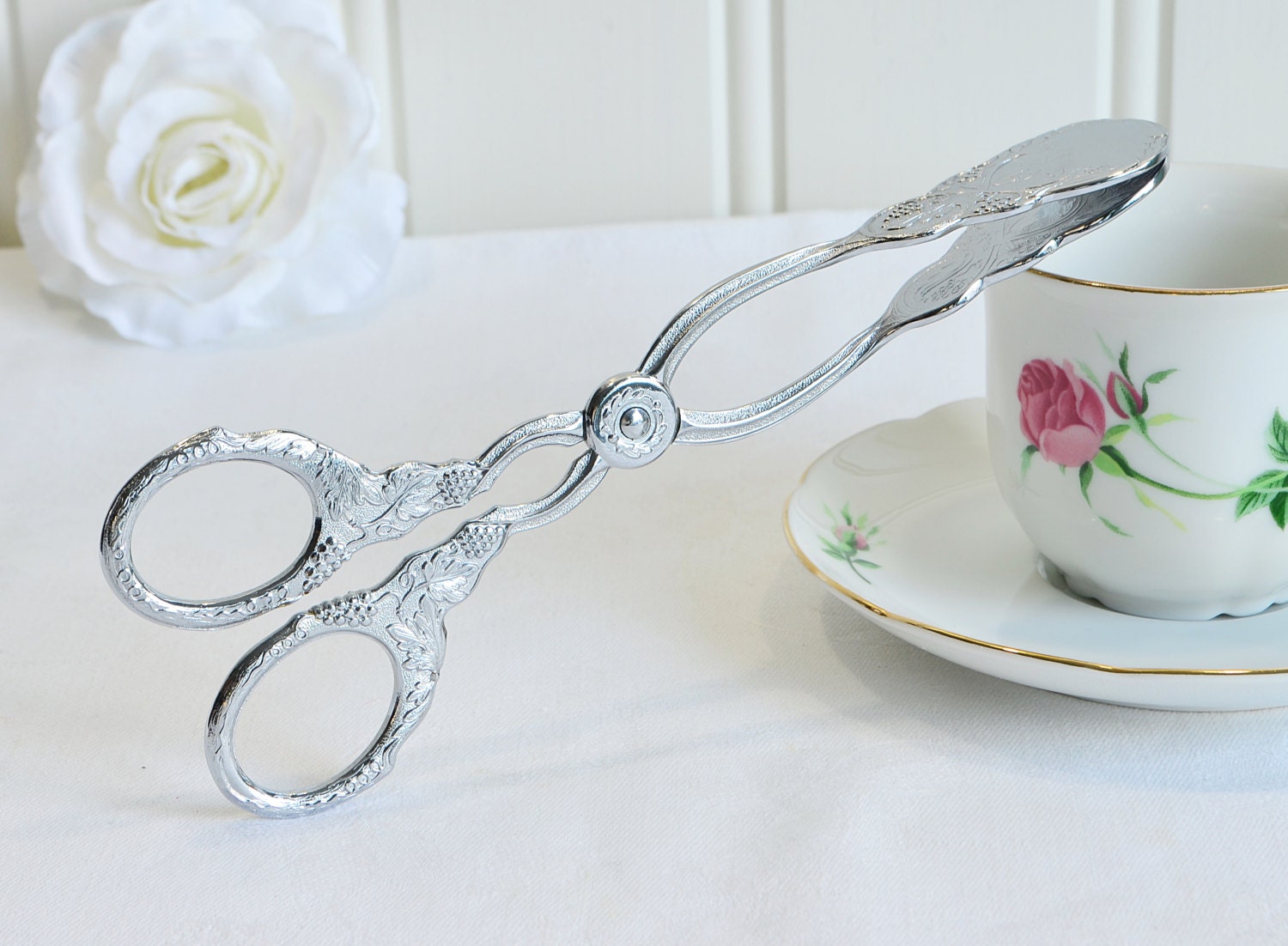 Ornate cookie and pastry tongs, vintage Chrome plate scissor shaped ...