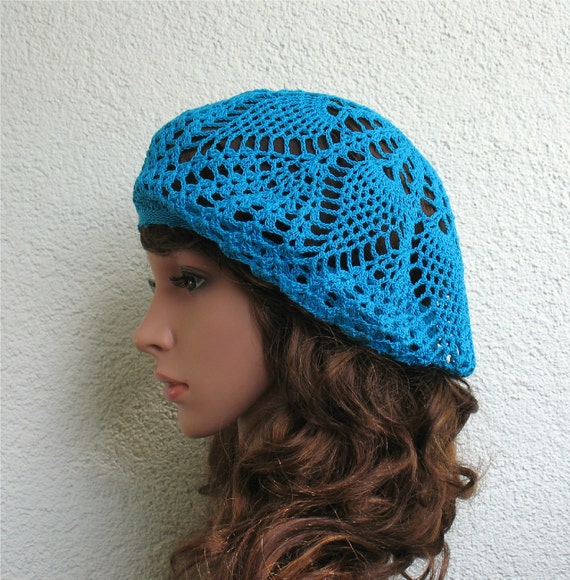 Crochet Summer Beret Womens Hat Dark Turquoise Cotton Beret