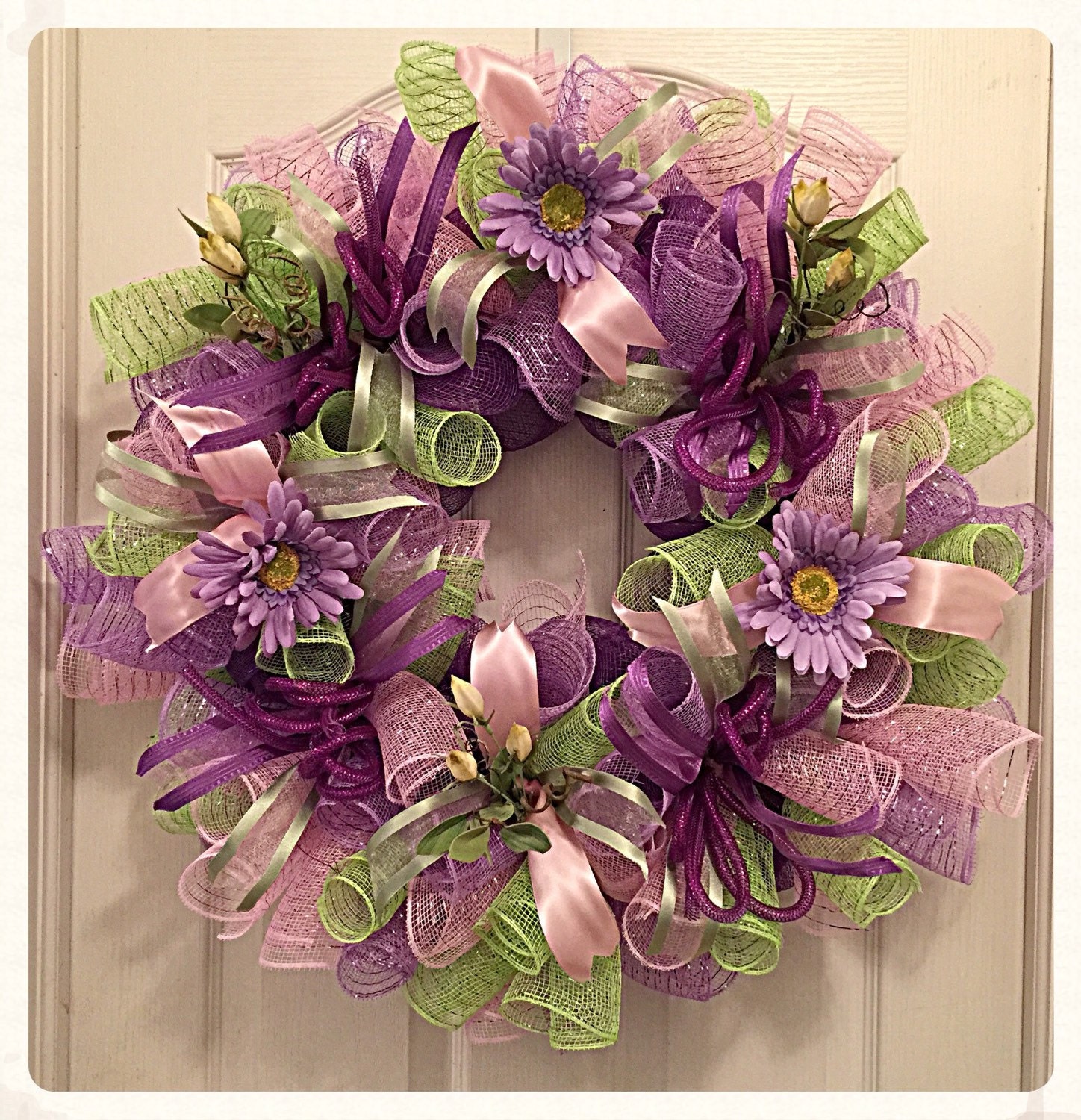 Purple Daisy Deco Mesh Wreath/Spring Wreath/Purple Lime and